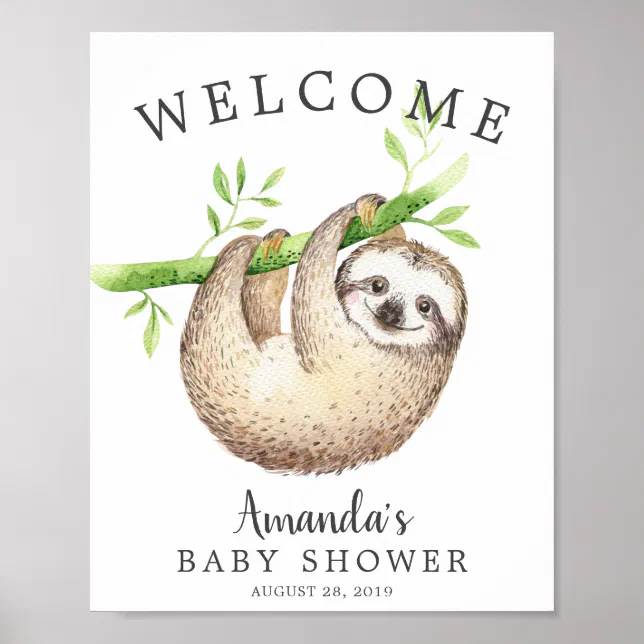 Adorable Baby Sloth Welcome Baby Shower Poster | Zazzle