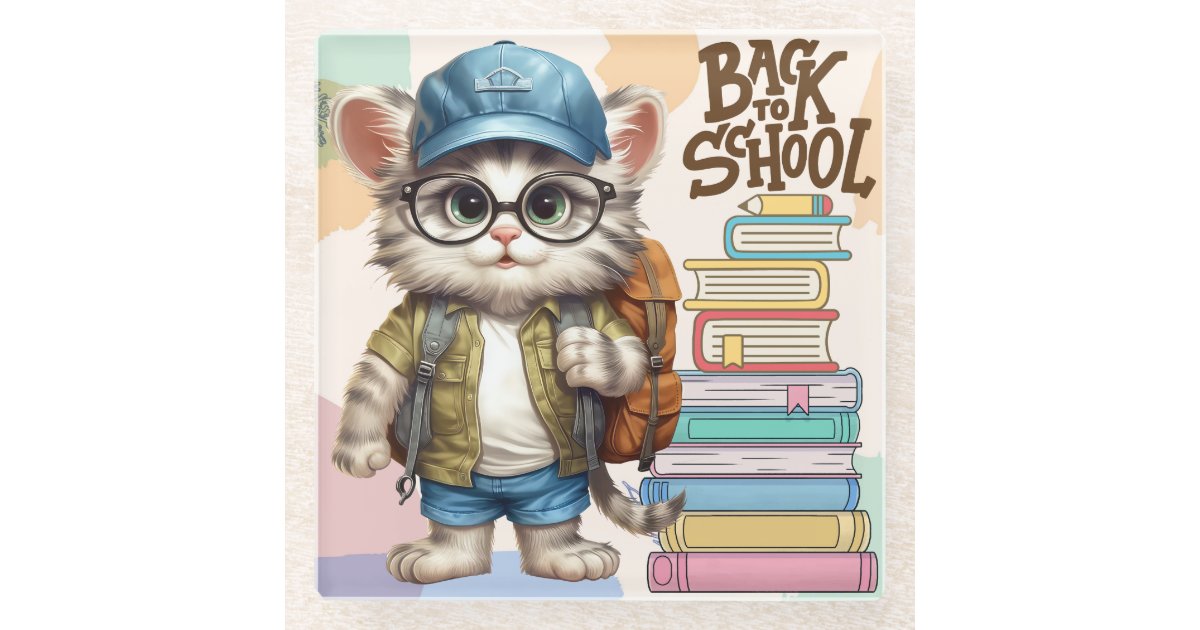 Adorable Back To School Cat Wearing Backpack Glass Coaster | Zazzle