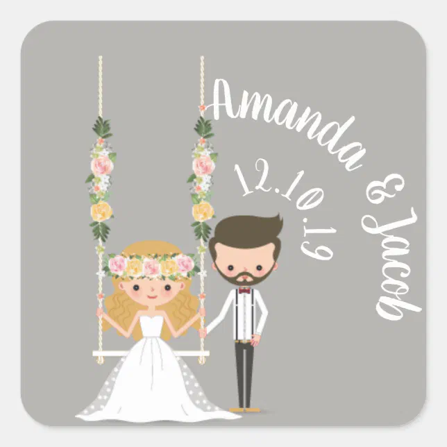 Adorable Boho Hipster Wedding Couple Square Sticker | Zazzle