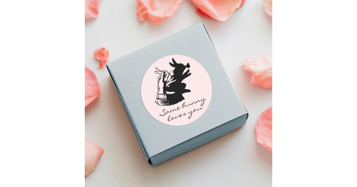 Adorable Bunny Love Pun Black Hand Shadow On Pink Classic Round Sticker ...