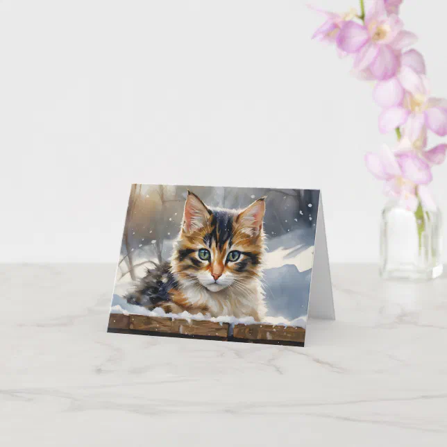 Adorable Calico Cat in the Snow Blank Greeting Card | Zazzle