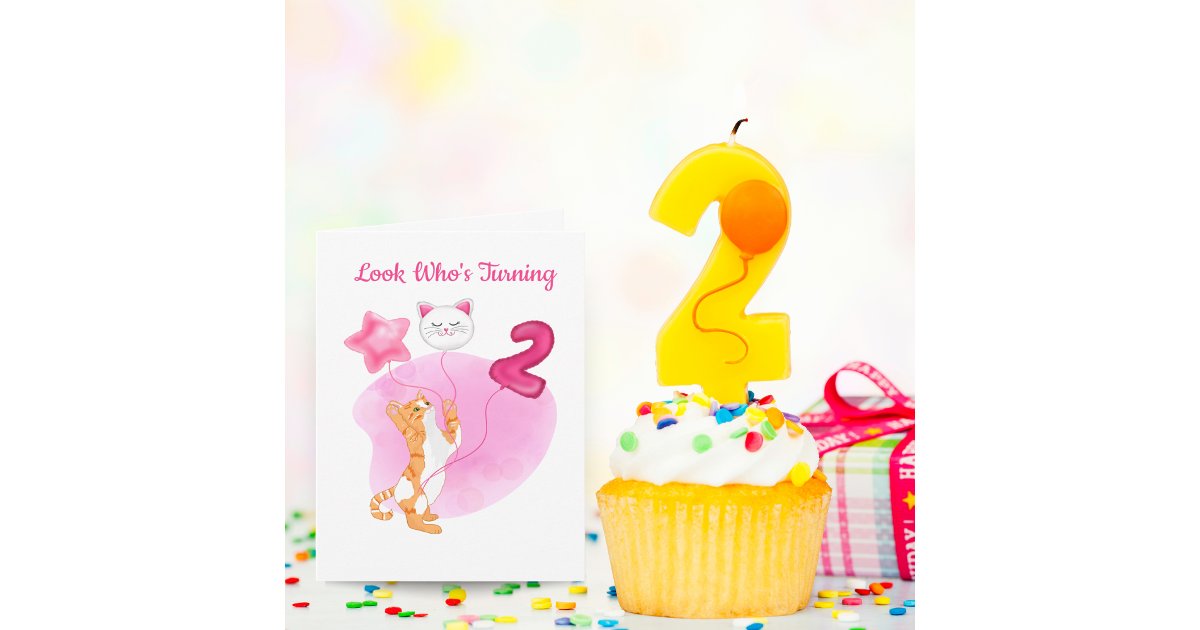 Adorable Cat With 2rd Birthday Balloons Card | Zazzle