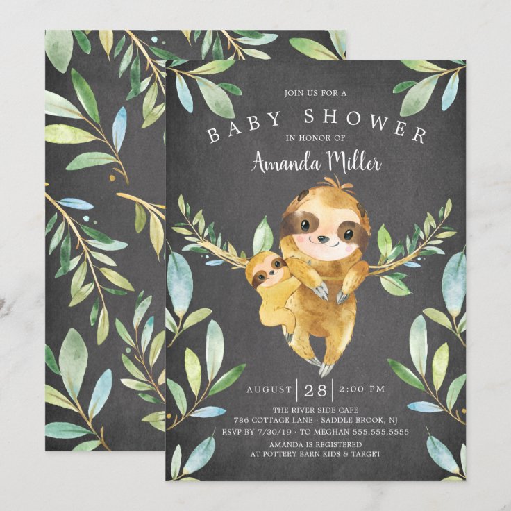 Adorable Chalkboard Sloth Baby Shower Invitation | Zazzle