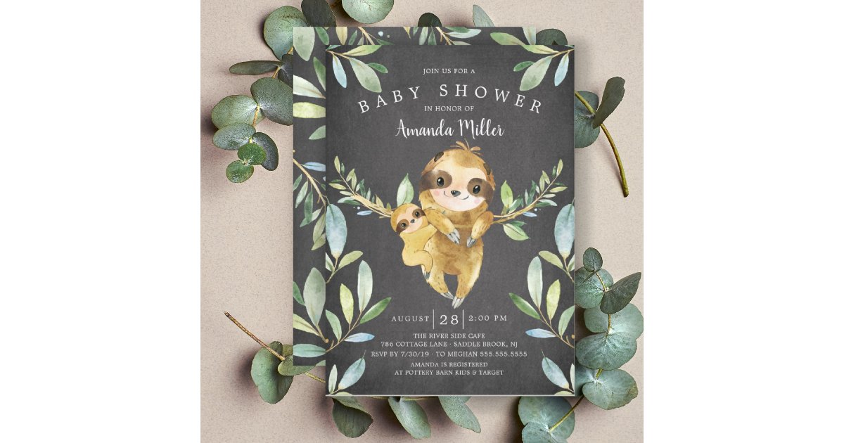 Adorable Chalkboard Sloth Baby Shower Invitation | Zazzle