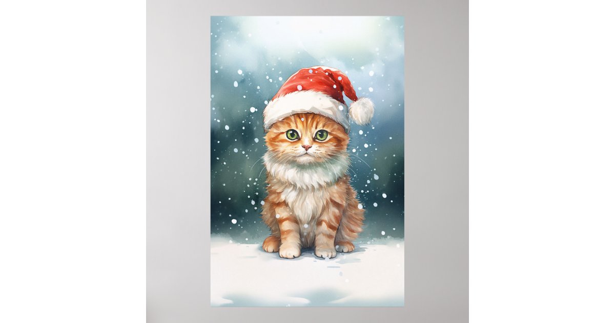 Adorable Christmas Ginger Cat Kitten In The Snow Poster | Zazzle