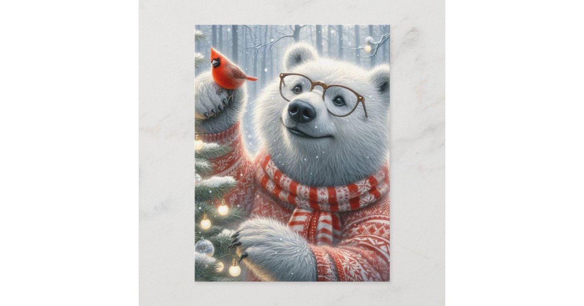 Adorable Christmas Polar Bear and Cardinal Tree Postcard | Zazzle