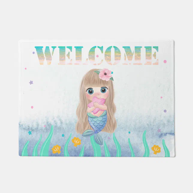 Adorable Cute Baby Mermaid, Seashells Doormat | Zazzle