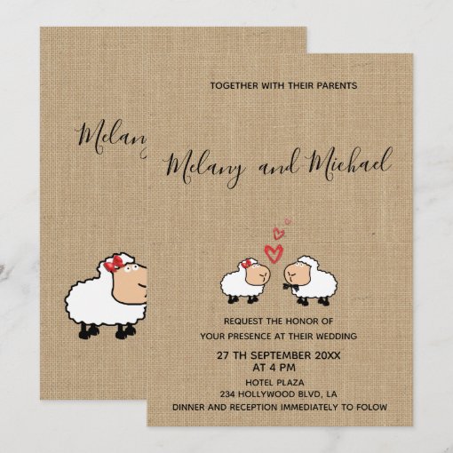 Adorable cute funny cartoon sheep in love burlap invitation | Zazzle