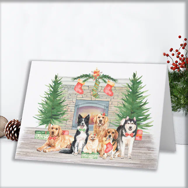 Adorable Dogs Pet Dog Lover Christmas Fireplace Holiday Card | Zazzle
