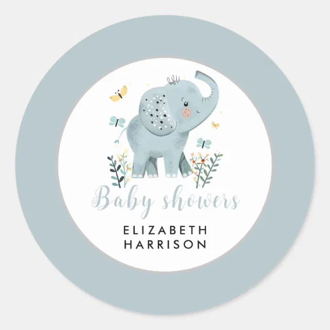 Adorable Elephant Blue Baby Boy Shower Classic Round Sticker | Zazzle