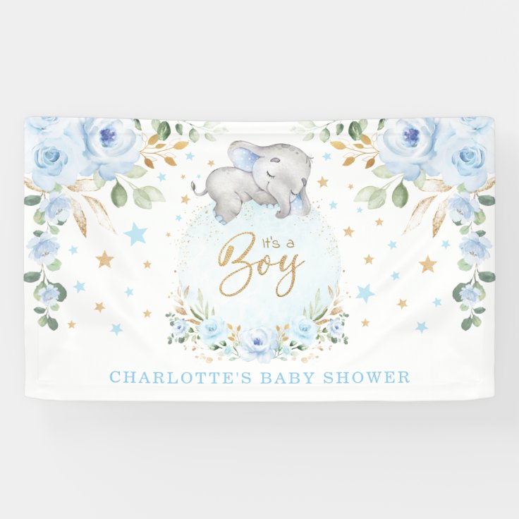 Adorable Elephant Blue Floral Boy Baby Shower Banner | Zazzle