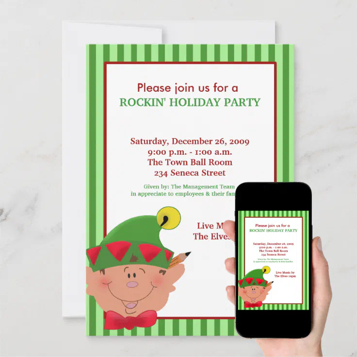 ADORABLE ELF Elves Holiday Christmas Red/Green Invitation | Zazzle