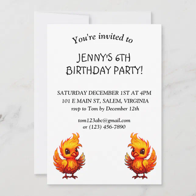 Adorable Fiery Cartoon Baby Phoenix Birthday Invitation | Zazzle