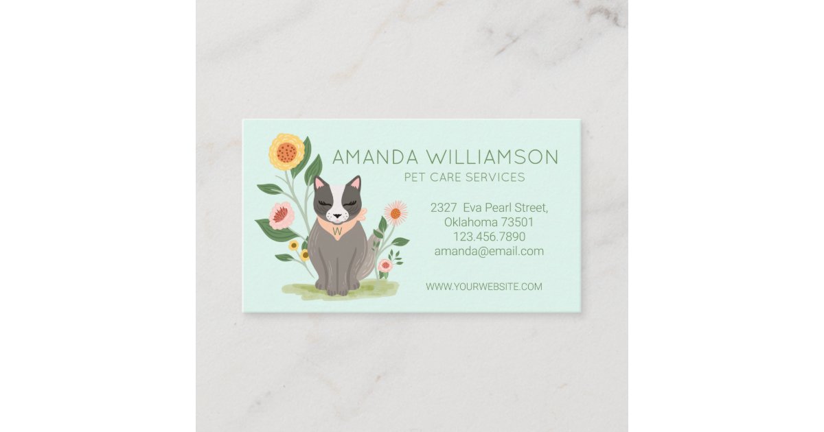 Adorable Floral Cat Pet Care Services Green Business Card | Zazzle