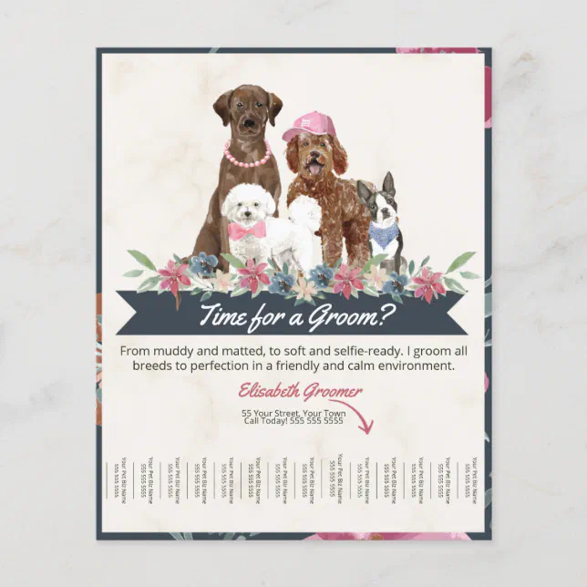 Adorable Floral Dog Groomer Tear Sheet Flyer | Zazzle