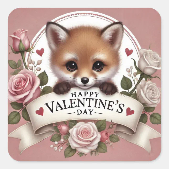 Adorable Fox Illustration with Roses Square Sticker | Zazzle
