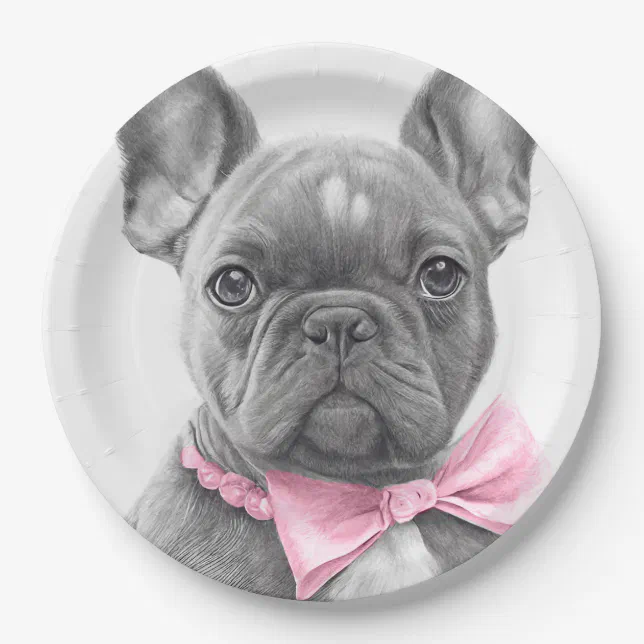 Adorable french bulldog puppy with a pink bow paper plates | Zazzle