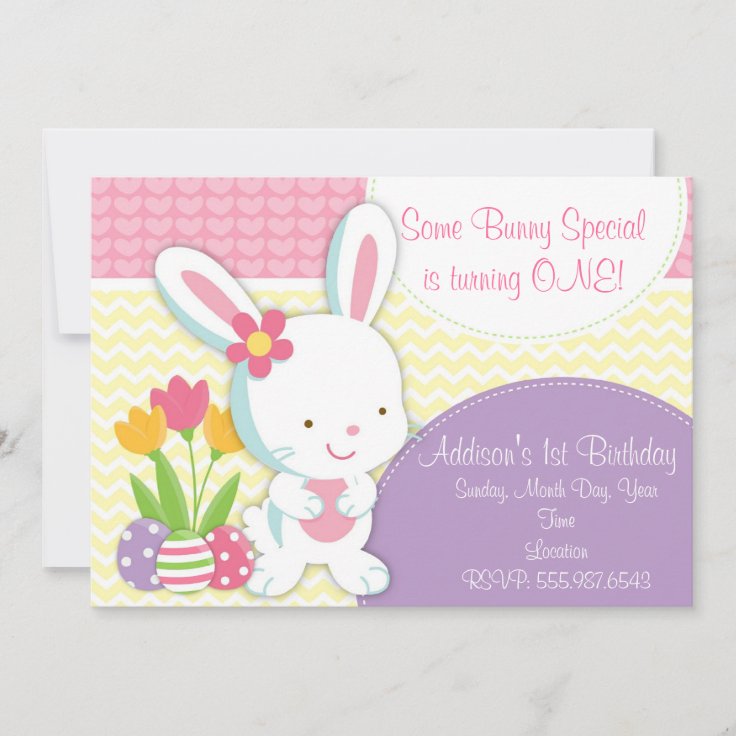 Adorable Girly Easter Bunny Birthday Invitation | Zazzle
