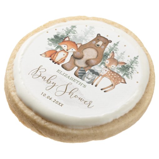 Adorable Greenery Woodland Animals Baby Shower Round Shortbread Cookie ...