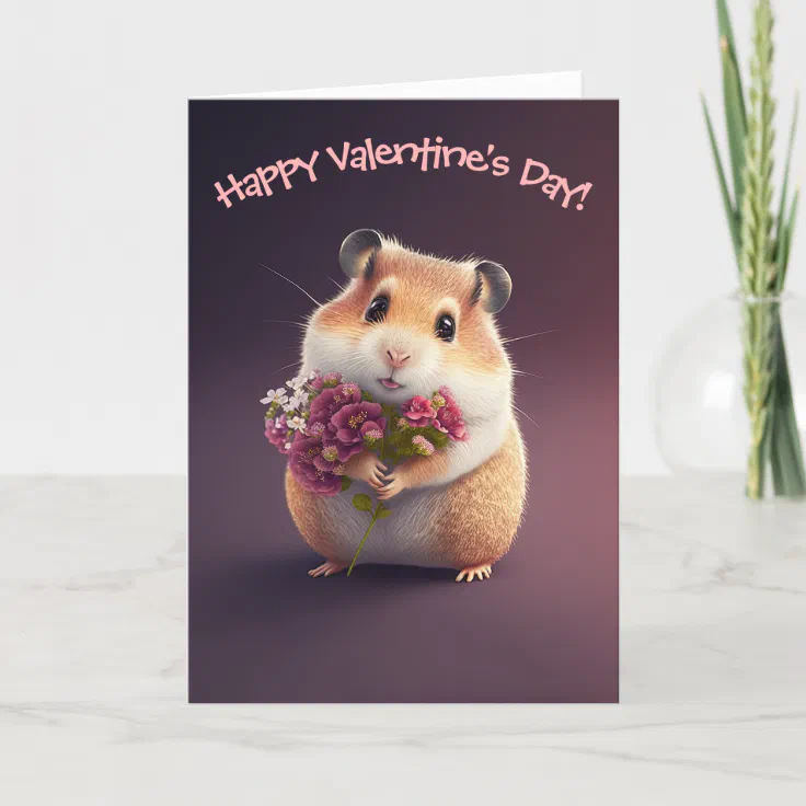 Adorable Hamster with Flowers for Valentine's Day Holiday Card | Zazzle