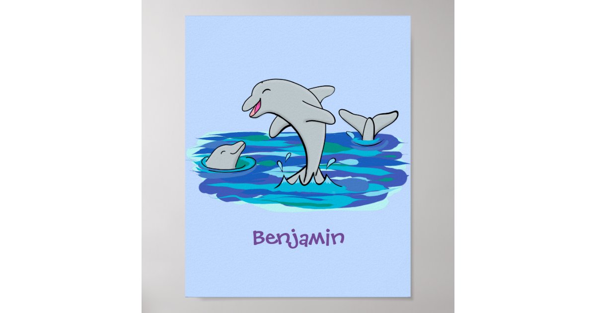 Adorable happy dolphins cartoon illustration poster | Zazzle