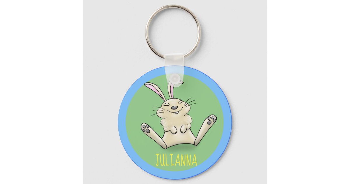 Adorable happy smiling baby bunny rabbit cartoon keychain | Zazzle