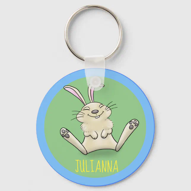 Adorable happy smiling baby bunny rabbit cartoon keychain | Zazzle