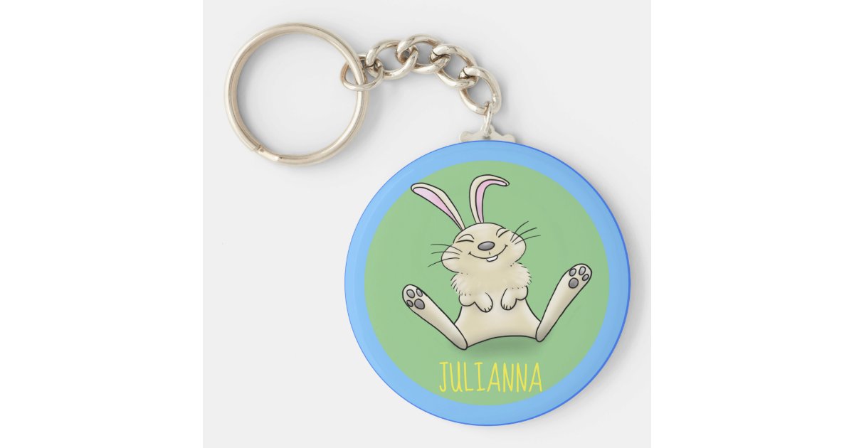 Adorable happy smiling baby bunny rabbit cartoon keychain | Zazzle.com