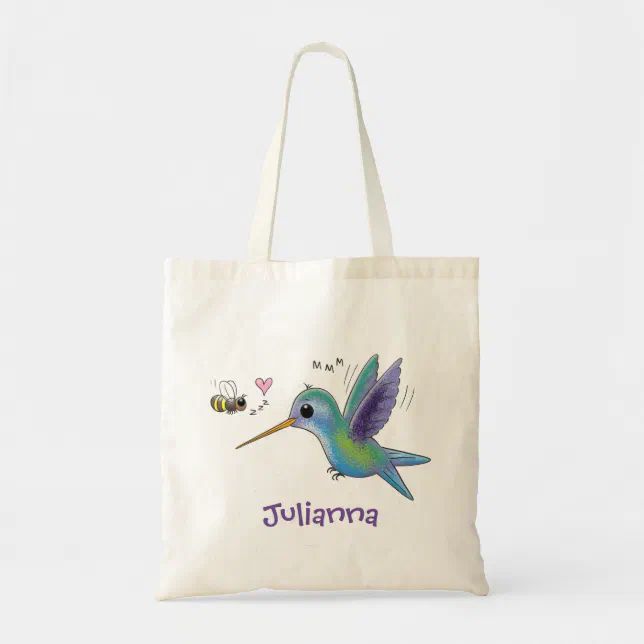 Adorable hummingbird and bee cartoon illustration tote bag | Zazzle