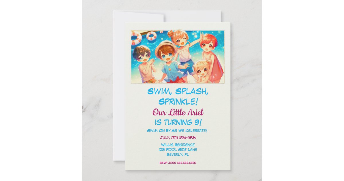 Adorable Japanese Anime Kids Pool Birthday Party Invitation | Zazzle