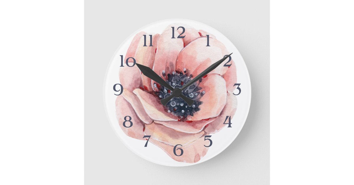 Adorable Light Pink Watercolor Flower Round Clock | Zazzle