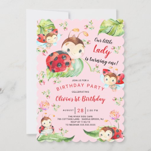 Adorable Little Lady Ladybug 1st Birthday Invitation | Zazzle