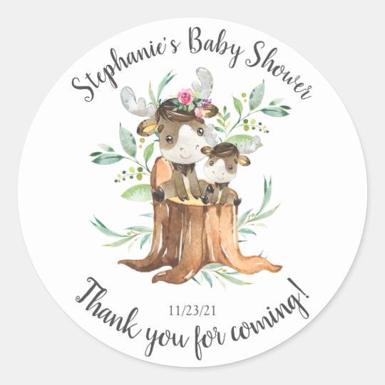 Adorable Mom & Baby Moose Baby Shower Favor Classic Round Sticker ...