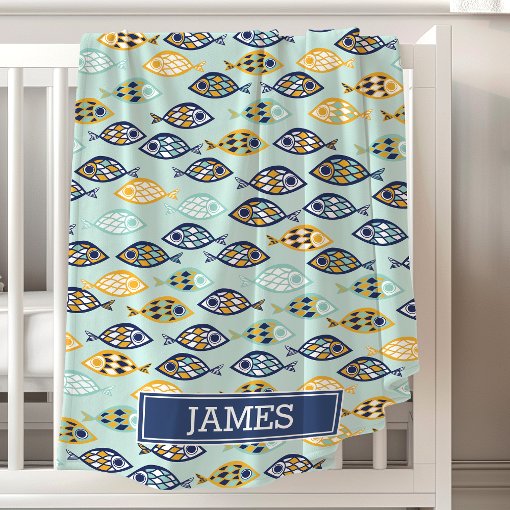 Adorable Navy Blue Nautical Ocean Fish Monogrammed Swaddle Blanket | Zazzle