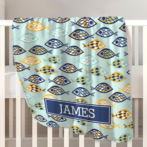 Adorable Navy Blue Nautical Ocean Fish Monogrammed Swaddle Blanket | Zazzle
