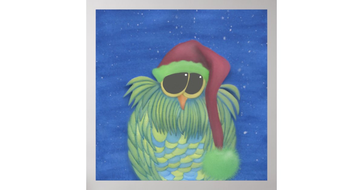 Adorable Owl with Santa Hat Poster | Zazzle