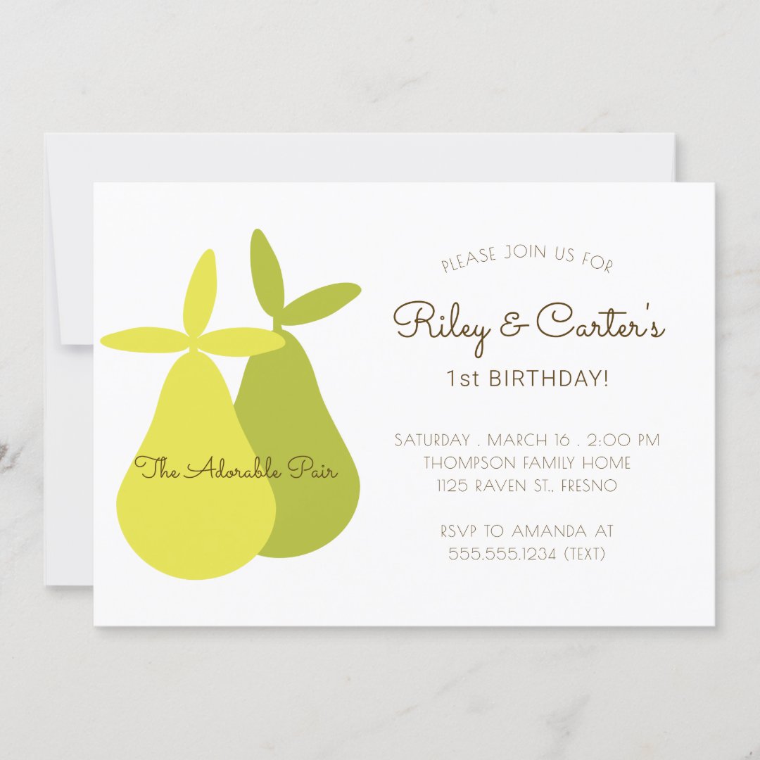 Adorable Pair Twins Birthday Yellow Green Pears Invitation | Zazzle