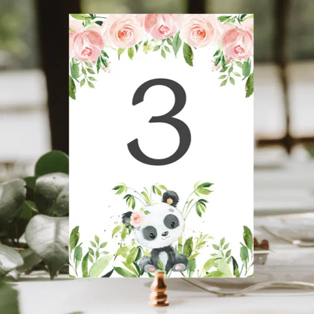 Adorable Panda Pink Floral Greenery Baby Shower Table Number | Zazzle