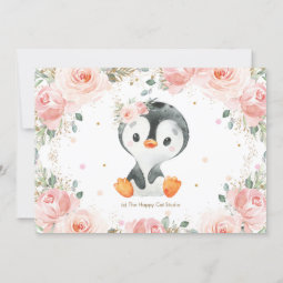 Adorable Penguin Blush Floral 1st Birthday Photo Invitation | Zazzle