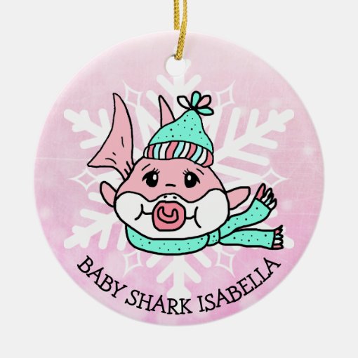 Adorable Personalized Baby Shark and Snowflake Ceramic Ornament | Zazzle