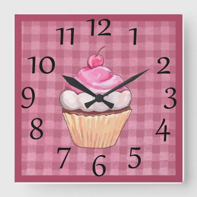 Adorable Pink Gingham Cupcake Wall Clock | Zazzle