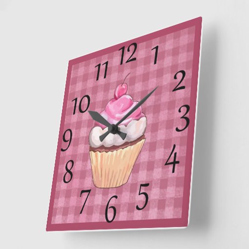 Adorable Pink Gingham Cupcake Wall Clock | Zazzle