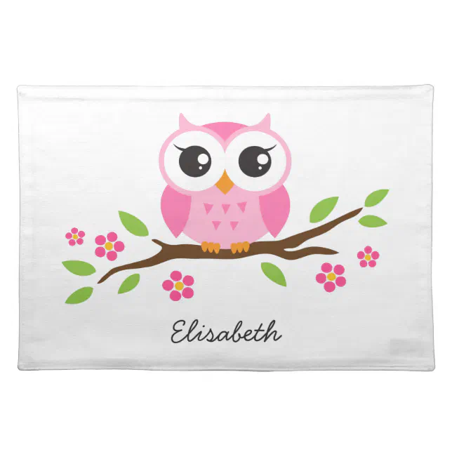 Adorable pink owl on branch personalized name placemat | Zazzle