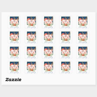Adorable Pink Pig Couple Christmas Square Sticker | Zazzle