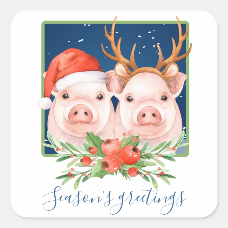 Adorable Pink Pig Couple Christmas Square Sticker | Zazzle