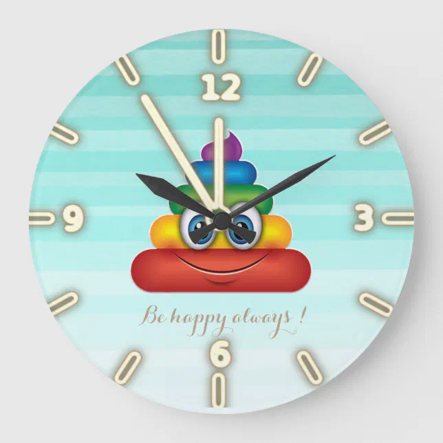Adorable Rainbow Poop Emoji -Be happy always Large Clock | Zazzle