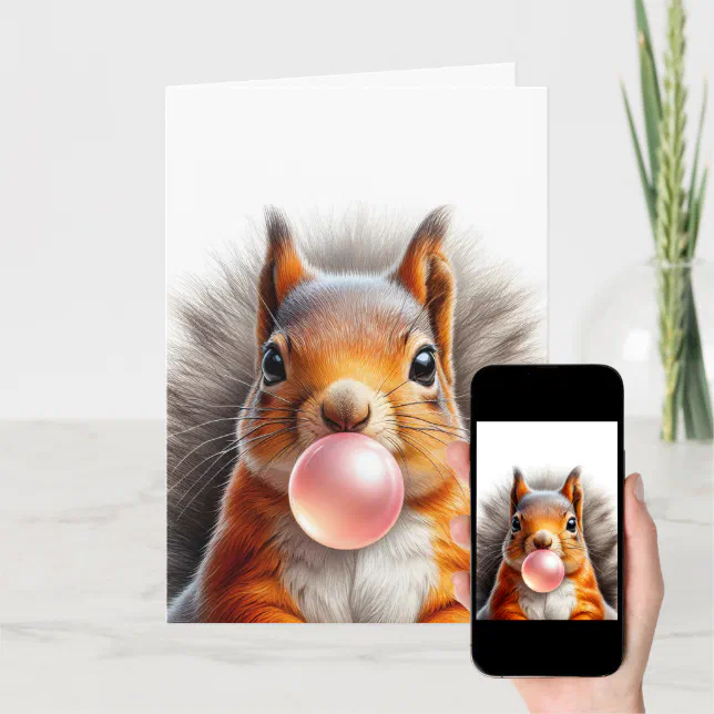 Adorable Red Squirrel Blowing Bubble Gum Blank Card | Zazzle