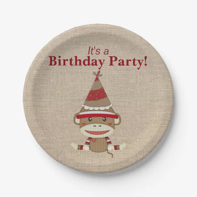 Adorable Rustic Custom Sock Monkey Party Paper Plates | Zazzle