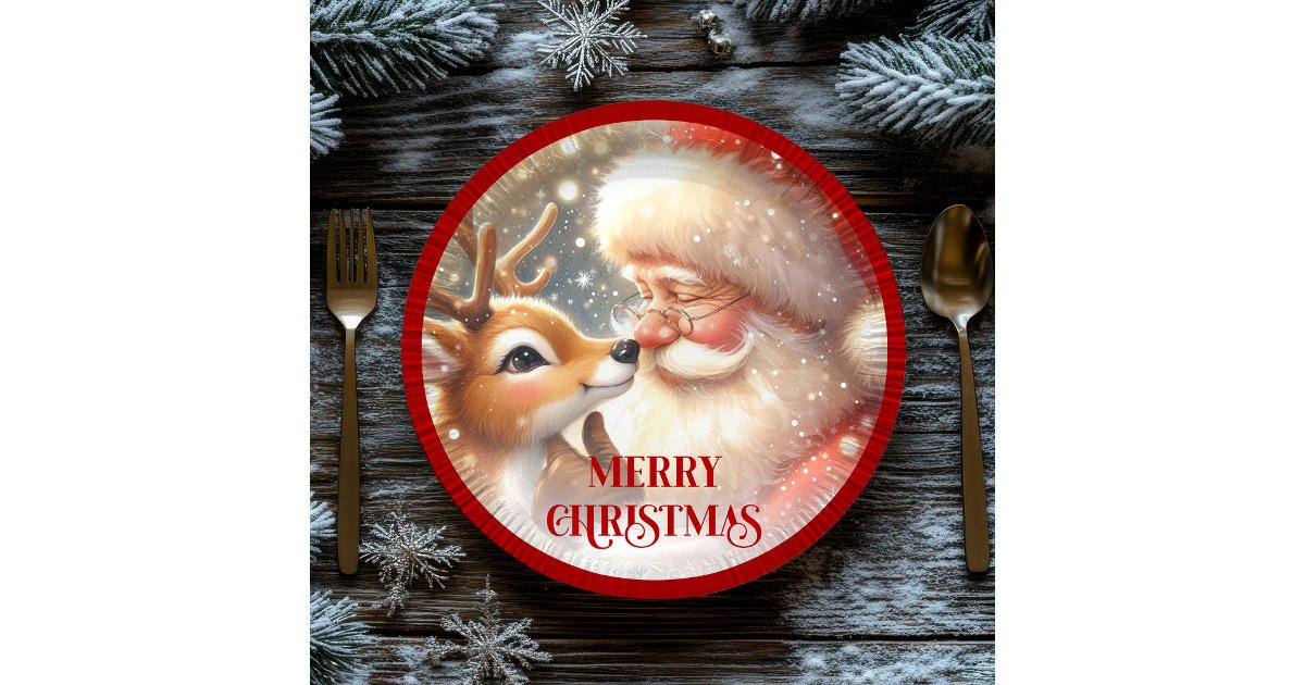 Adorable Santa Claus and Rudolph Party Plates | Zazzle