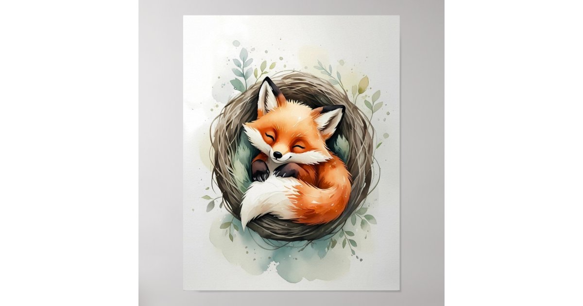 Adorable Sleeping Fox Nest Watercolor Illustration Poster | Zazzle